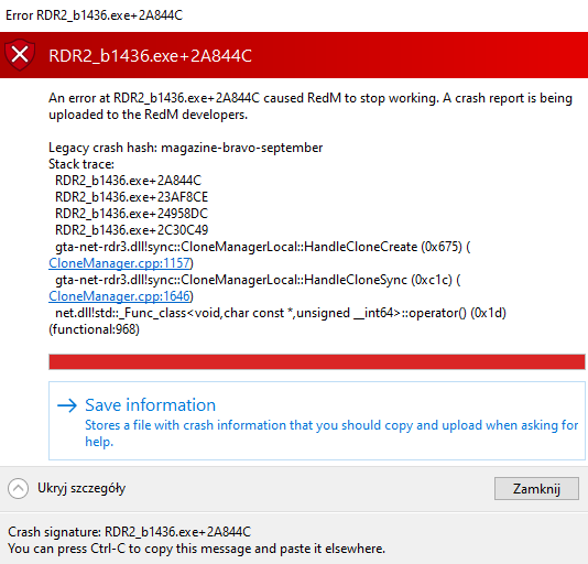 Crash RDR2_b1436.exe+2A844C - RedM OneSync Reports - Cfx.re Community
