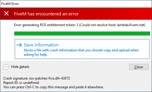 FiveM Error generating ROS entitlement token: 3 (Could not resolve host: lambda.fivem.net ...