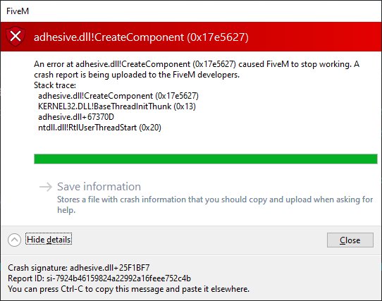 adhesive.dll!createcomponent (0x17e5627) caused fivem to stop working ...