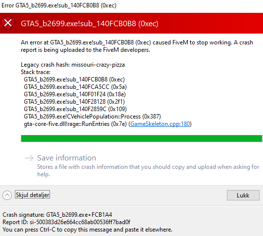 FIVEM Crash : Error GTA5_b2699.exe!sub_140922E20 (0x33) - FiveM Client ...
