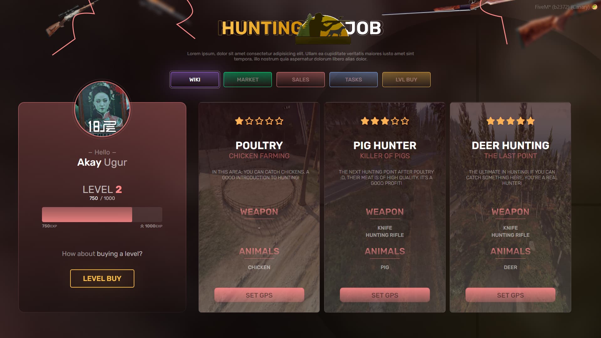 [qb Esx] Advanced Hunting Job [level System 3 Hunting Types Tasks