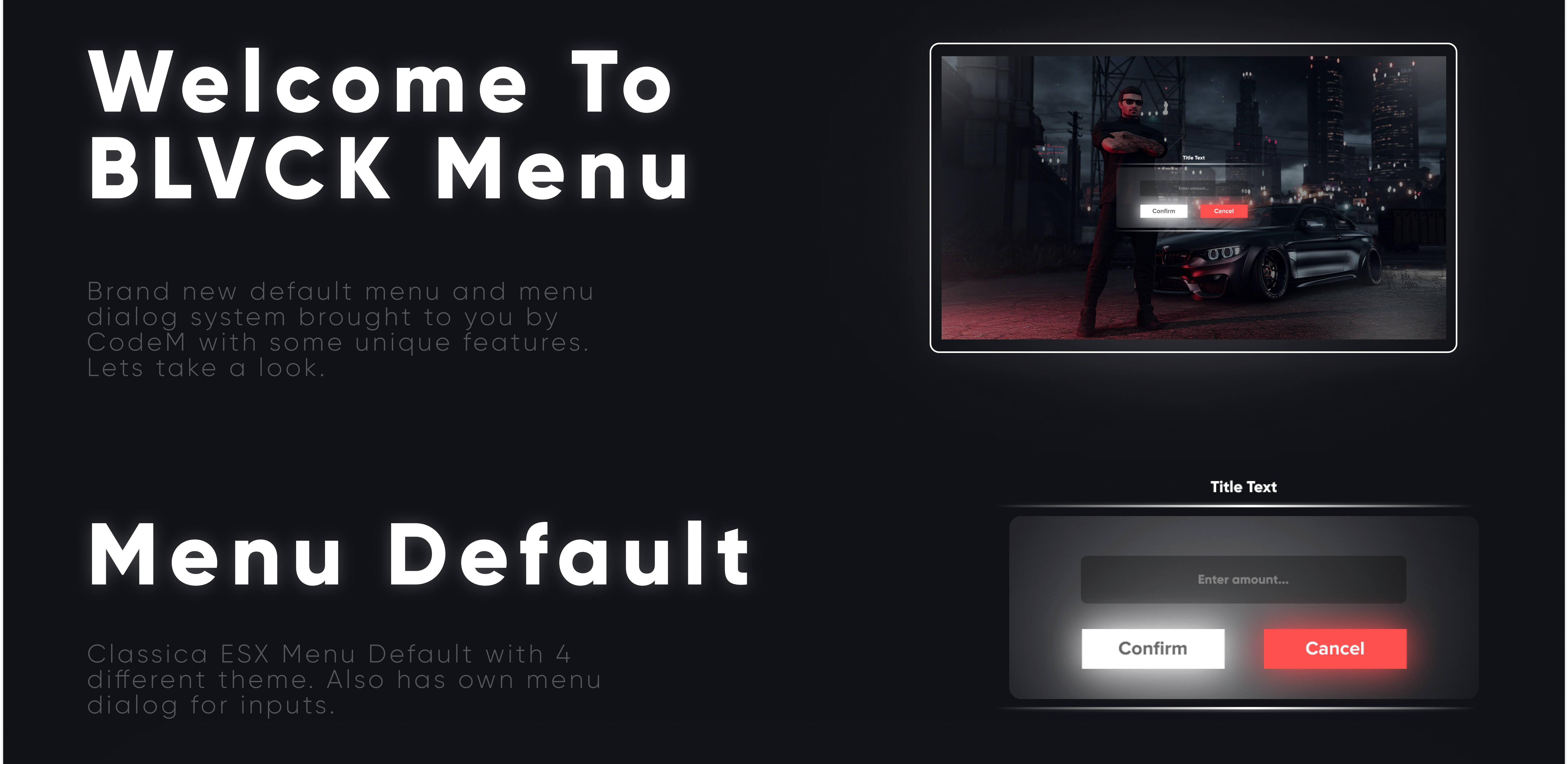 CodeM BLVCK Menu Default and Menu Dialog ESX - FiveM Releases - Cfx.re ... CodeM BLVCK Menu Default and Menu Dialog ESX - FiveM Releases - Cfx.re ...