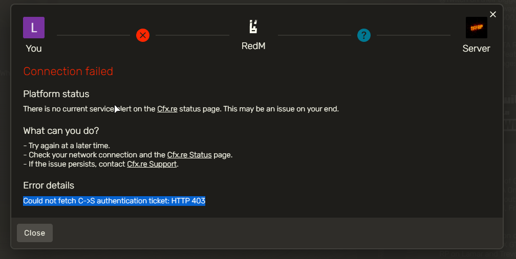 Could not fetch C->S authentication ticket: HTTP 403 - RedM Client Support - Cfx.re Community