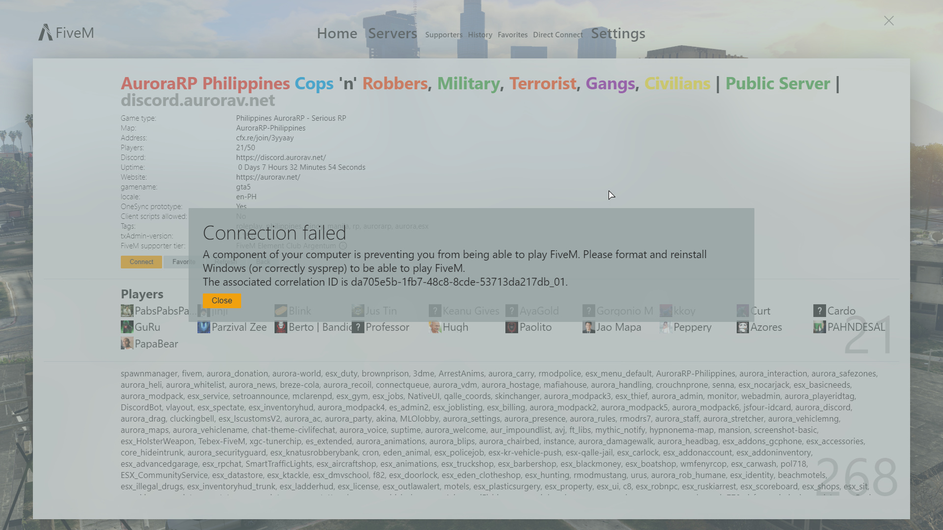 Getting error when connecting to any server: “a component of your ...