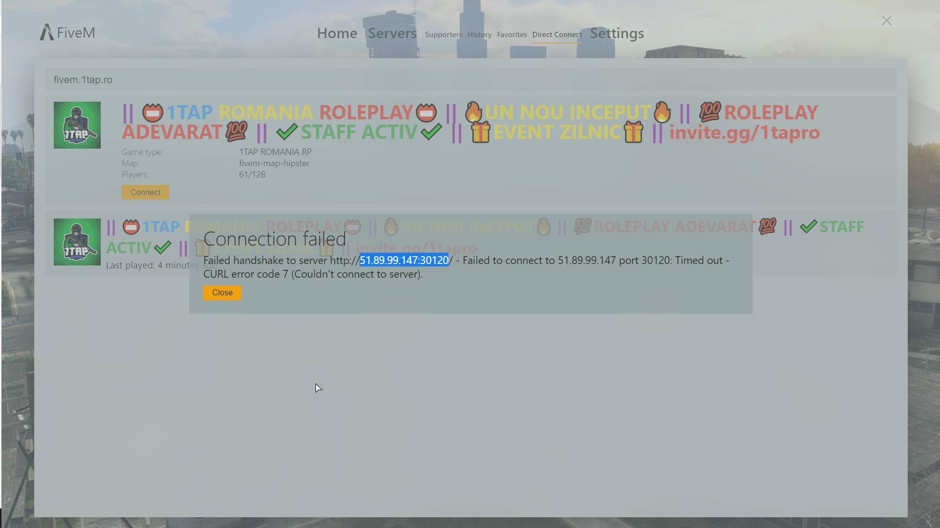 Failed handshake to server timed out curl error code 7 - FiveM Client Support - Cfx.re Community