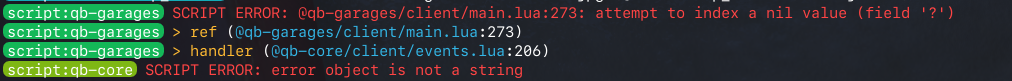 Script error: @qb-garages/client/main.lua.273: attempt to index a nil ... Script error: @qb-garages/client/main.lua.273: attempt to index a nil ...