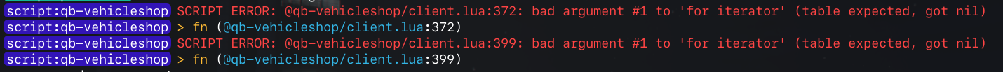 Qb Vehicleshop Bad Argument 1 To For Iterator Table Expected Got Nil Qbcore Cfxre