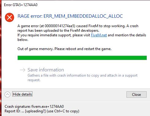 0000000141274aa5 Rage error: ERR_MEM_EMBEDDEDALLOC_ALLOC - FiveM Client Support - Cfx.re Community