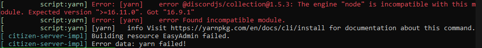 Easyadmin Yarn Build Error Resource Support Cfx Re Community