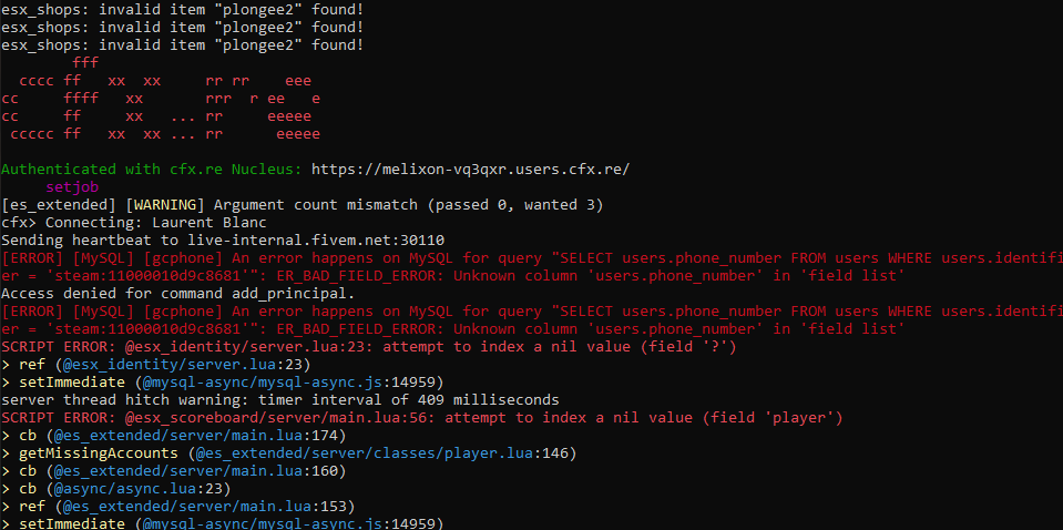 MySQL errors in console - ES/ESX - Cfx.re Community