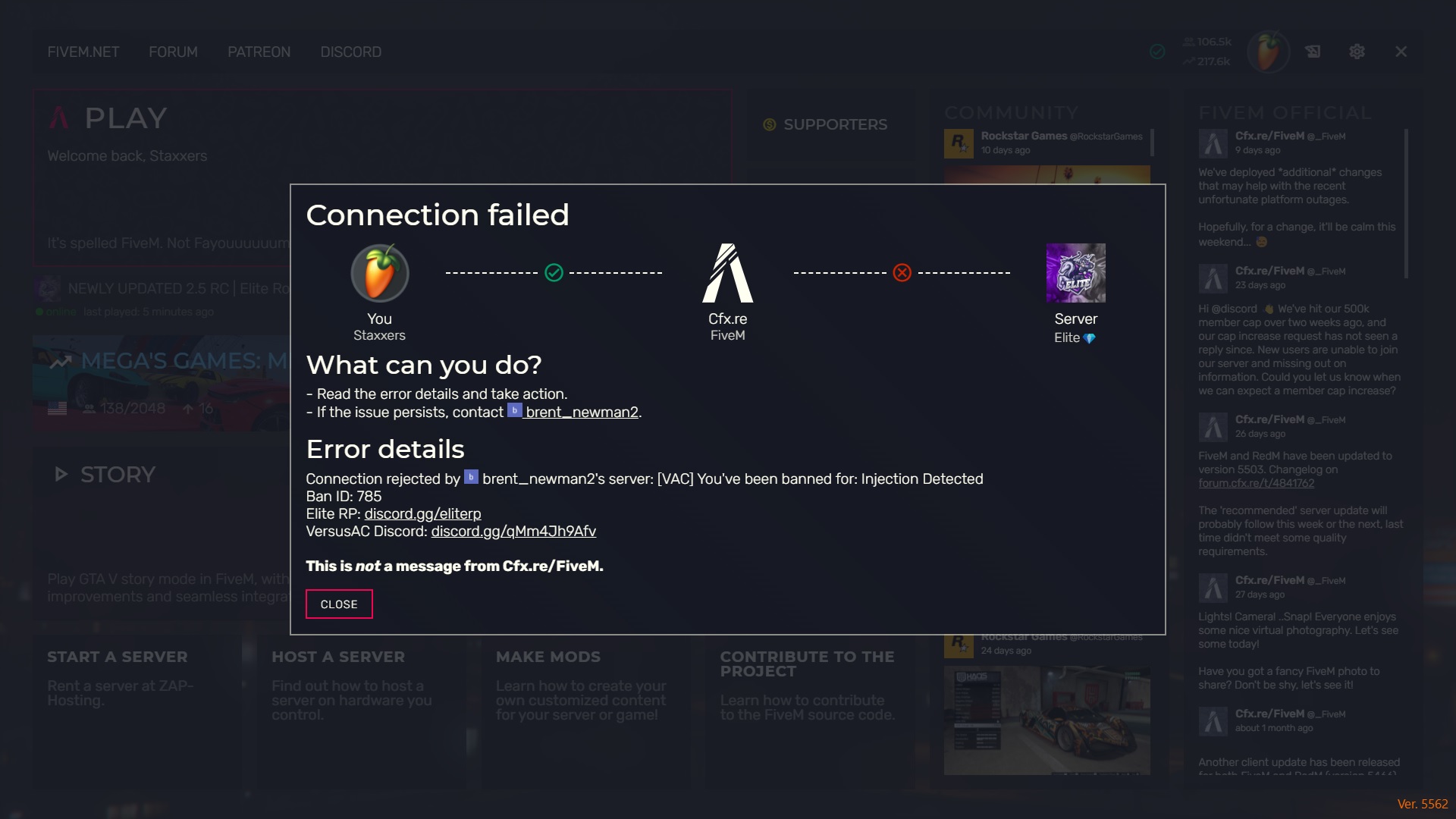 Unable to connect to any server due to "connection rejected: loading user" error - RedM Client ...