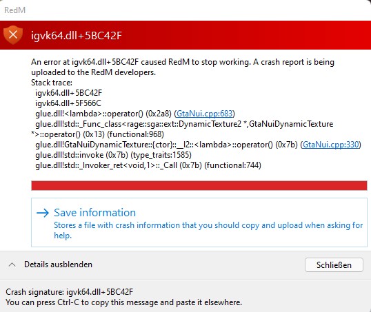 Cant launch redM Crash signature: igvk64.dll+520453 - RedM Client ... Cant launch redM Crash signature: igvk64.dll+520453 - RedM Client ...