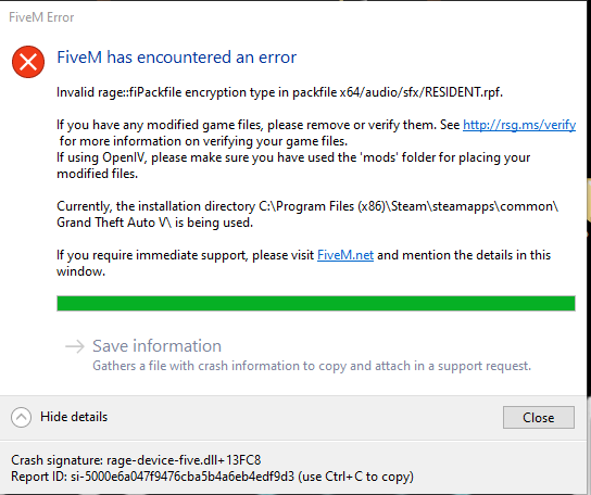 Error For Invalid Rage Fipackfile Encryption Type In Packfile X64 Audio Sfx Resident Rpf