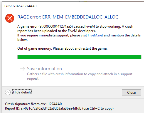 RAGE error:ERR_MEM_EMBEDDEDALLOC_ALLOC - FiveM Client Support - Cfx.re Community