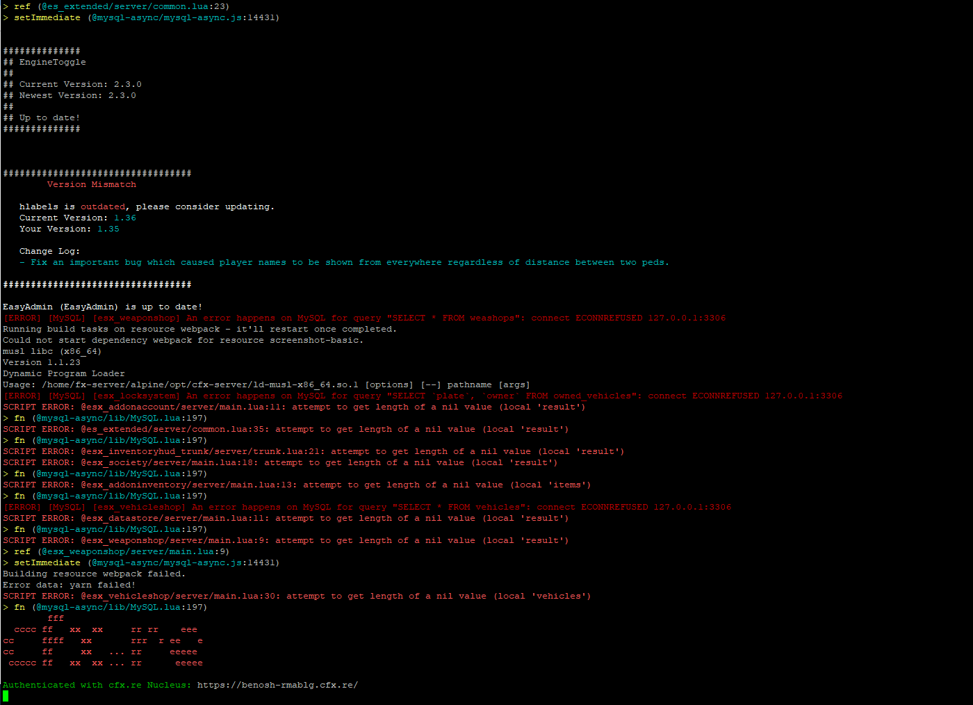 ESX MySql Error - ES/ESX - Cfx.re Community