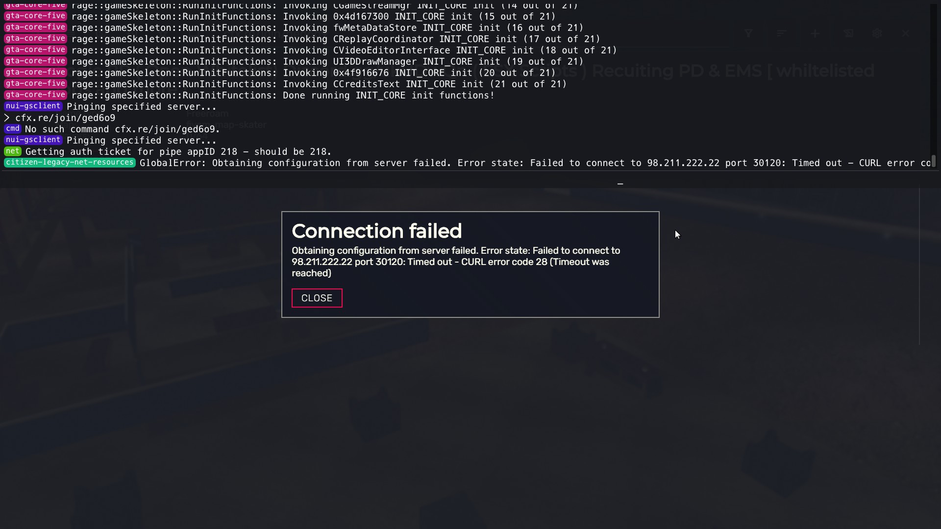 Connection Failed CURL Error Code 28 Server Discussion Cfx re Community