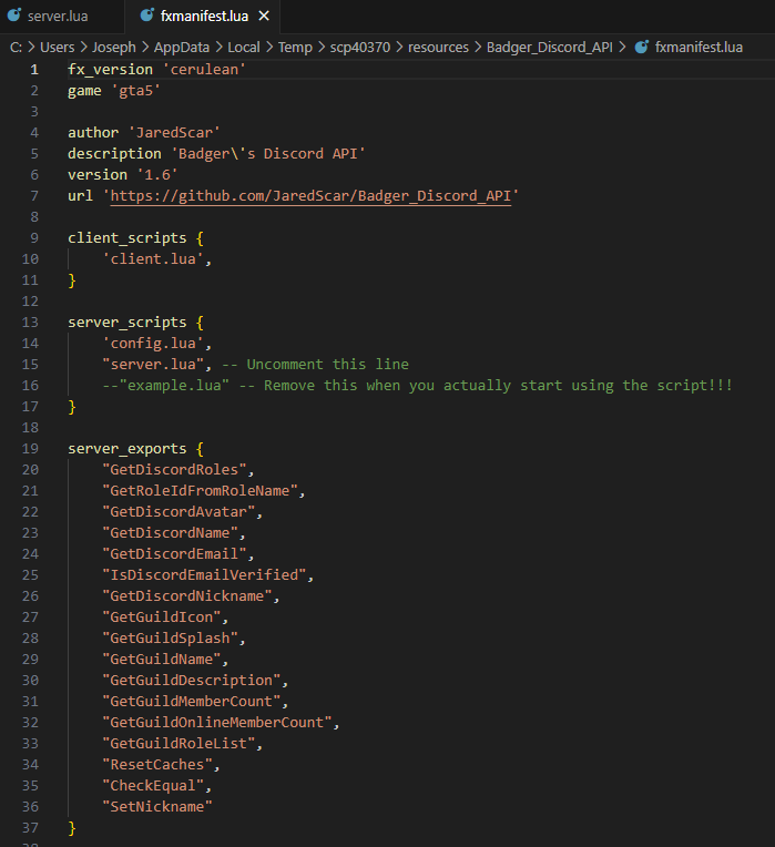 SCRIPT ERROR: @DiscordAcePerms/server.lua:102: No such export GetDiscordRoles in resource Badger ...