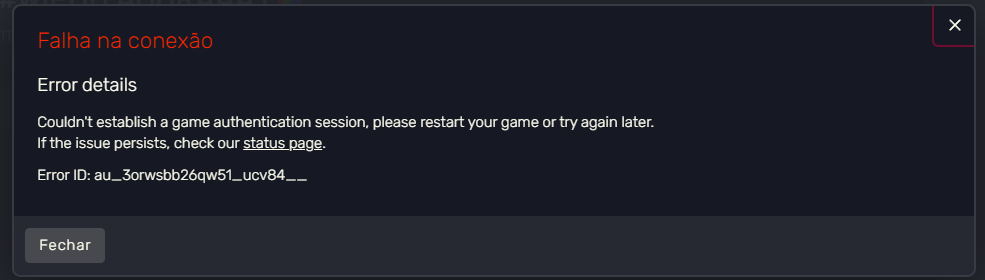 Couldn't establish a game authentication session, please restart your game or try again later ...