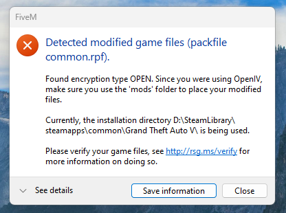 Detected modified game files (packfile common.rpf) - FiveM Client ...