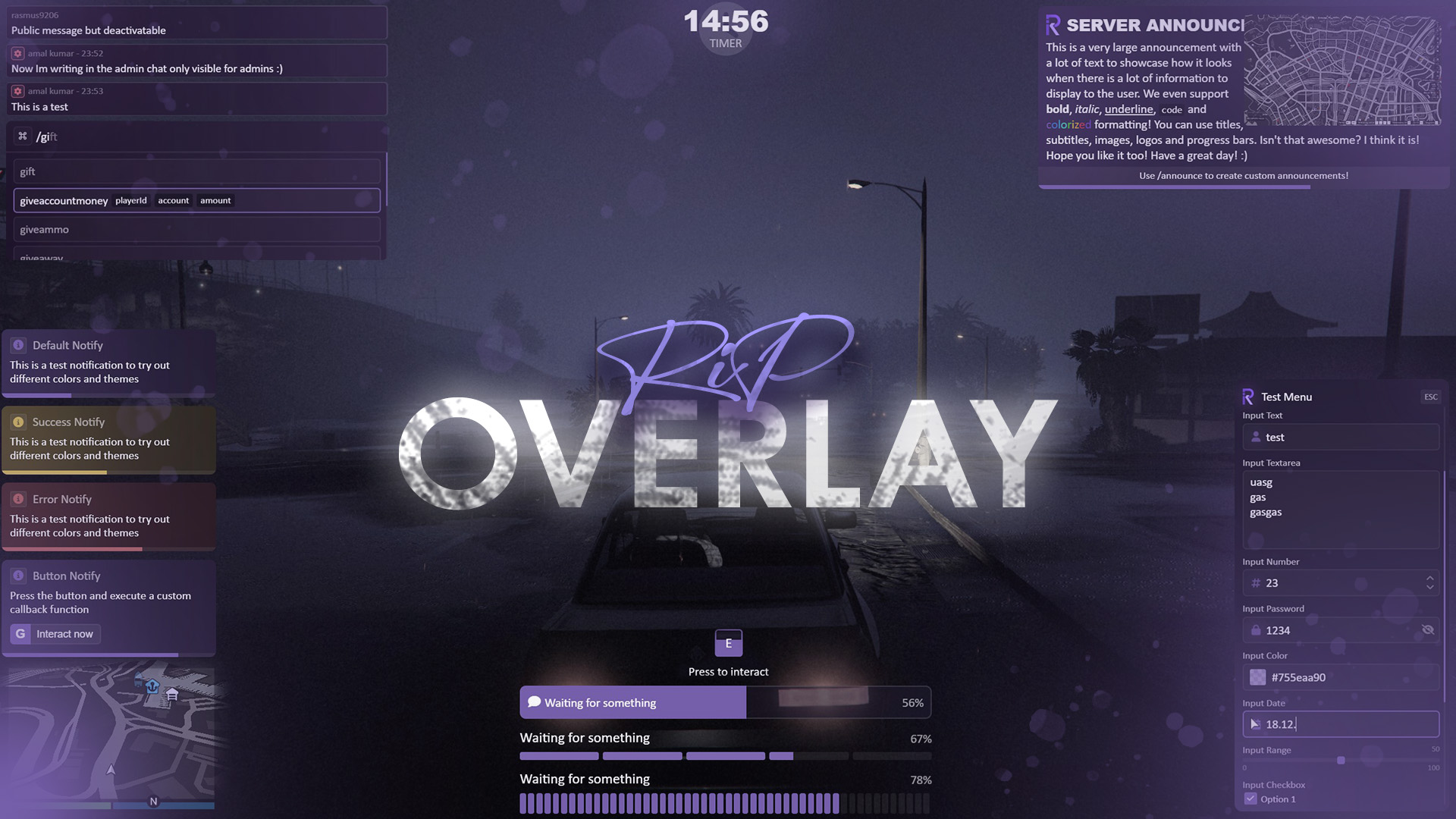 OVERLAY SYSTEM - Notify, Menu, Chat, Announce, Progress-Bar - FiveM Releases - Cfx.re Community