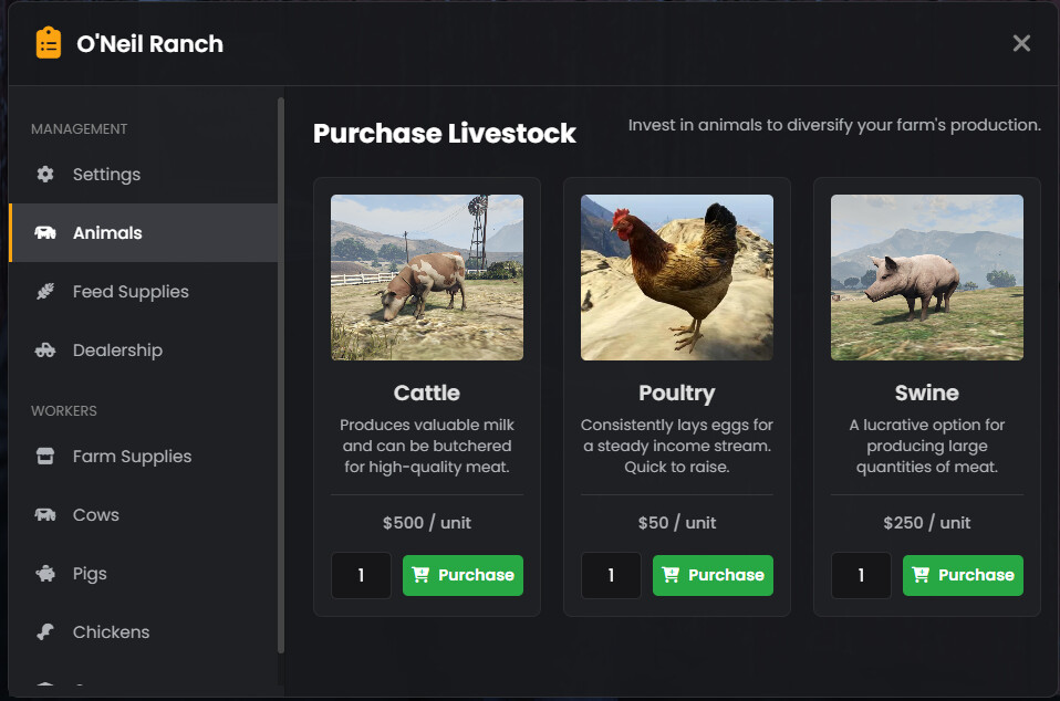 [QB/ESX] kb - farming (Custom UI, Livestock, Feed & Gather, Hire Staff ...