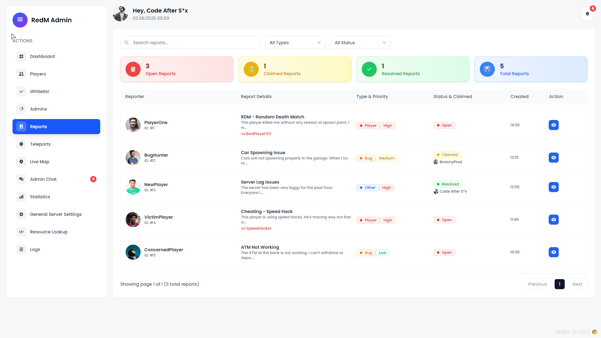 Premium Admin Menu & Report, Whitelist, Livemap & more | CAS - RedM ...