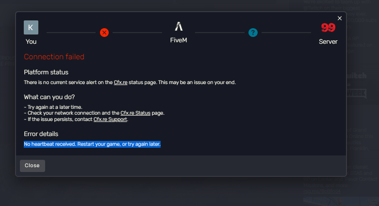 No heartbeat received. Restart your game, or try again later - FiveM Client Support - Cfx.re ...