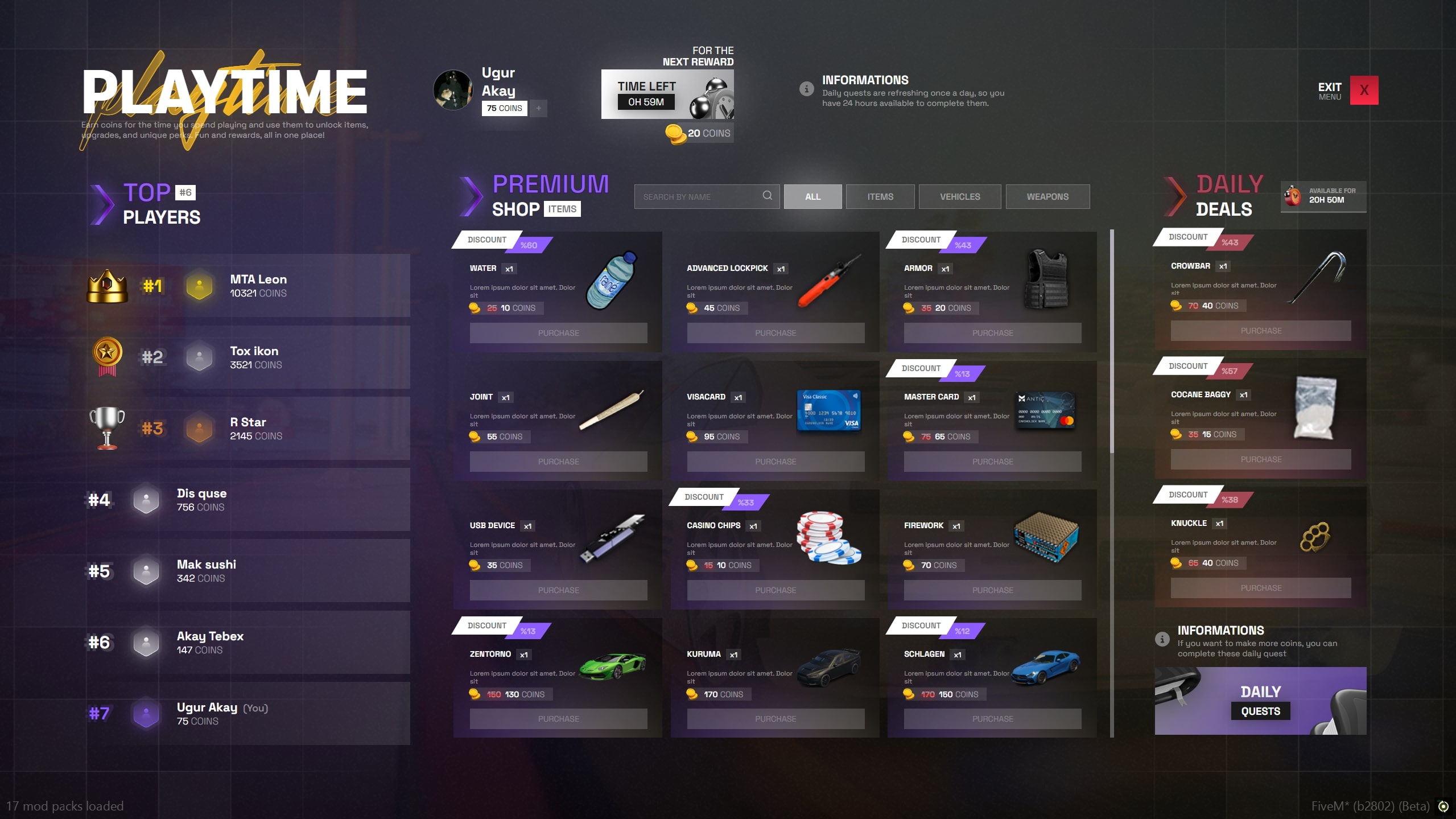PAID - Playtime Shop V2 (Play And Earn) ~ Mission System | ak4y ...
