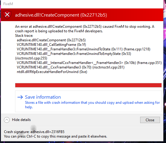 An error at adhesive.dll!CreateComponent (0x22712b5) caused FiveM to stop working - FiveM Client ...