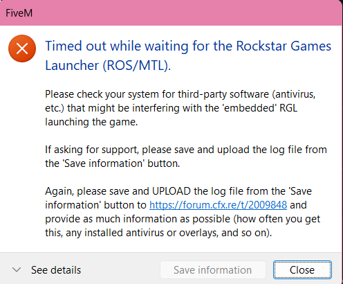 Timed out while waiting for Rockstar Game launcher error. ROS/MLT ...