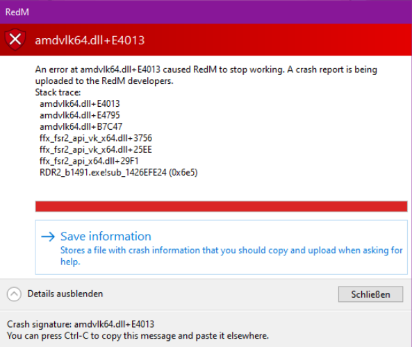 RedM Crashes on Startup - Error at amdvlk54.dll + E4013 - RedM Client ...