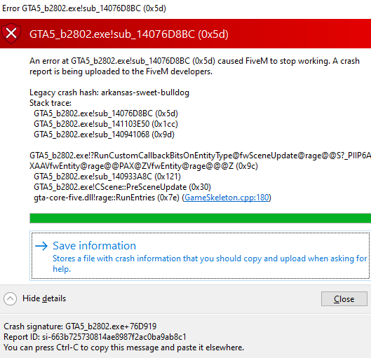 [HELP] Crash issue Arkansas Sweet Bulldog , GTA5_b2802.exe!sub_14076D8BC (0x5d) - FiveM Client ...