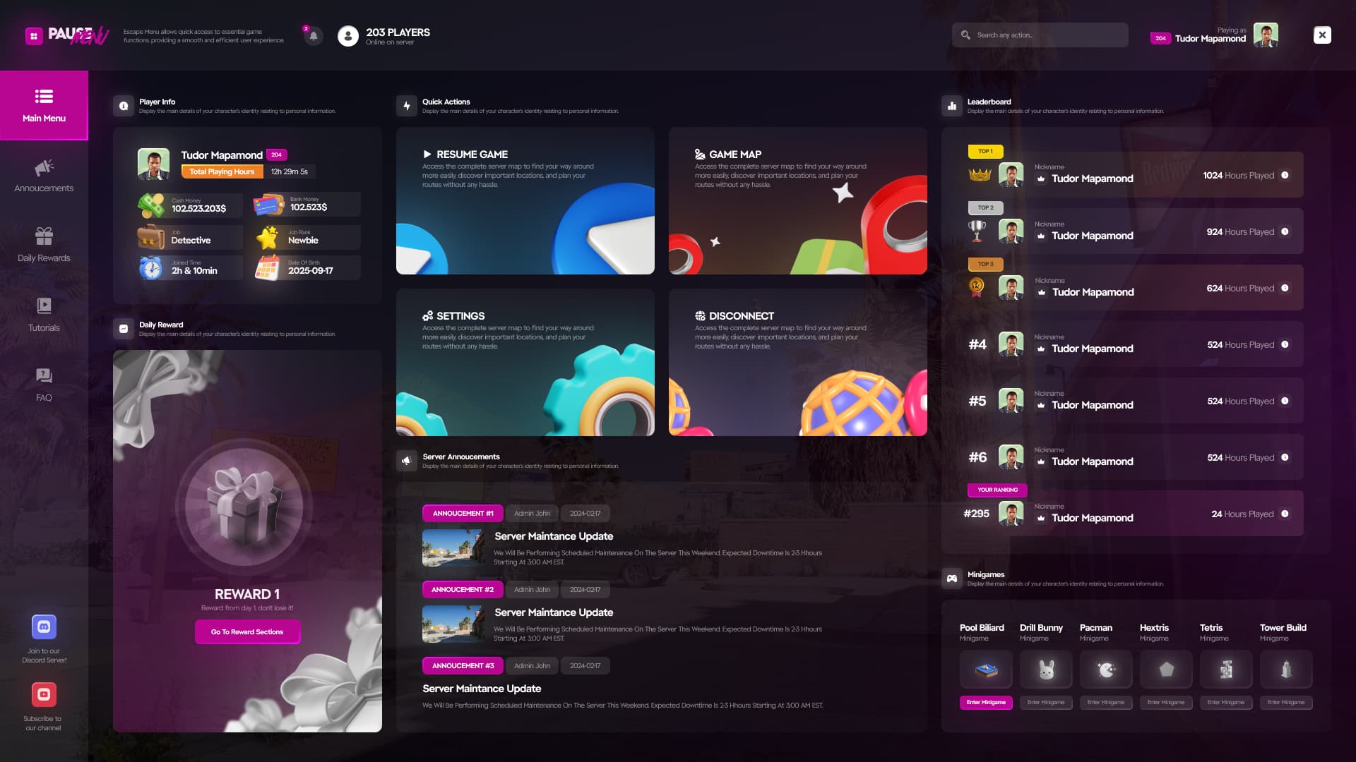 Pause Menu V3 | Daily Rewards • Announcements • Minigames - FiveM ...