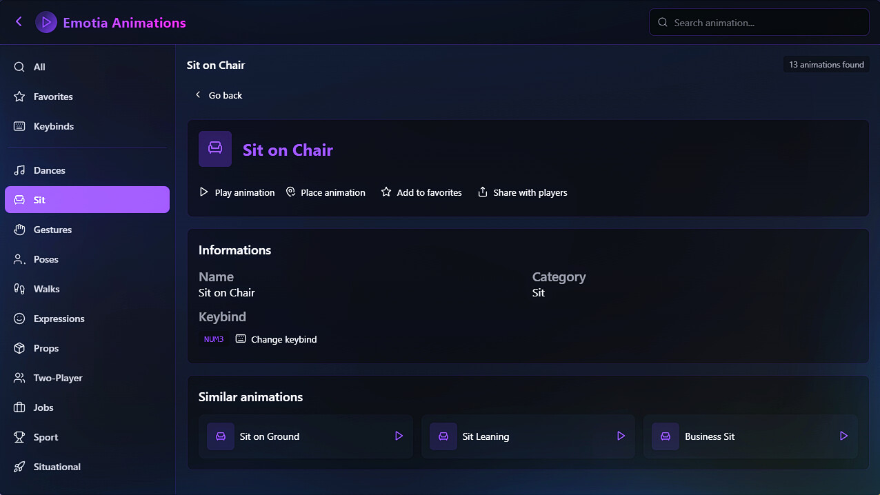 Emotia Animations (Placed Animations, Keybinding, Two-Player Animations ...