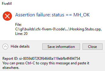 Fivem crashing after version change (Assertion failure: status == MH_OK) - FiveM Client Support ...